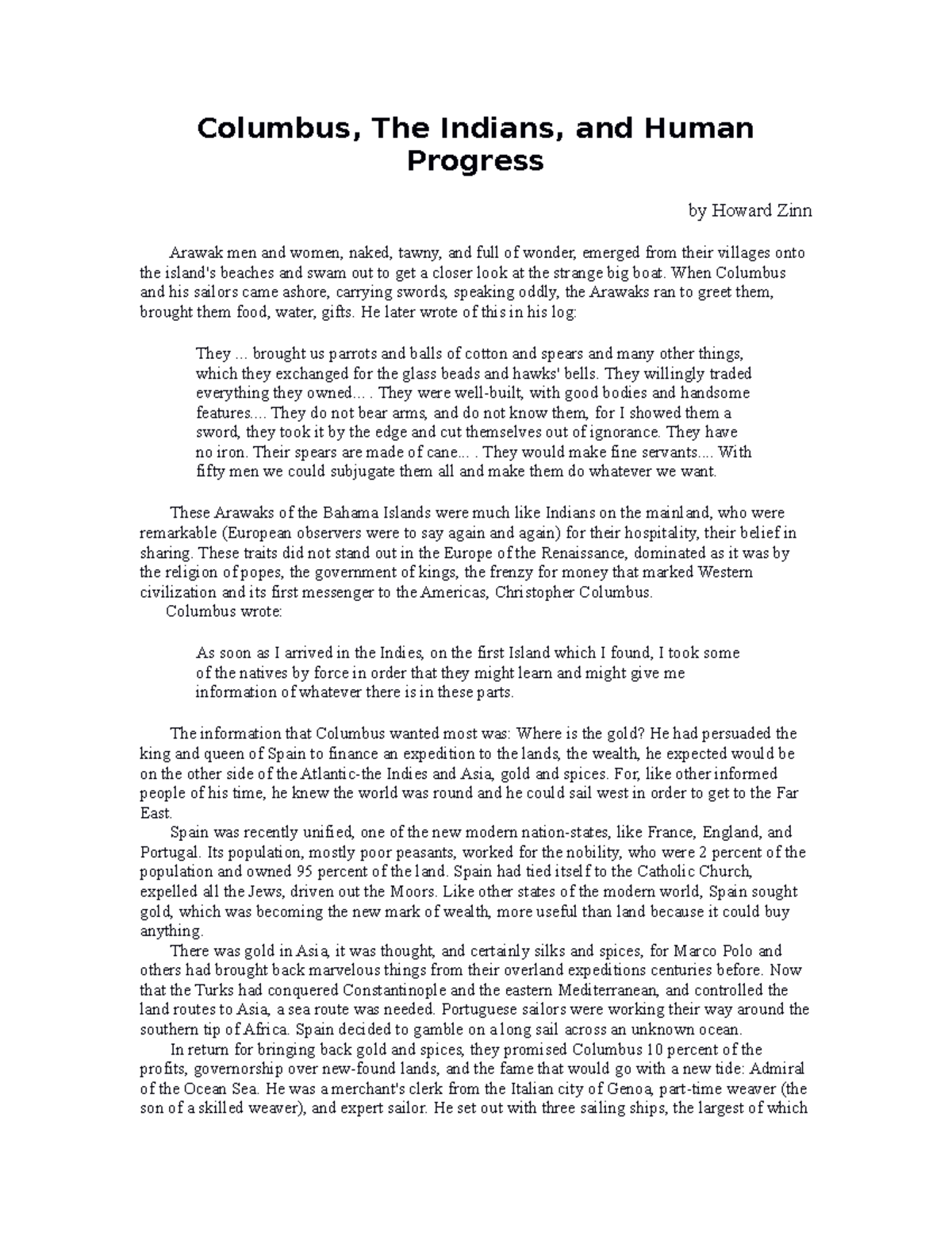 Zinn+Reading+Columbus - Columbus, The Indians, and Human Progress by ...