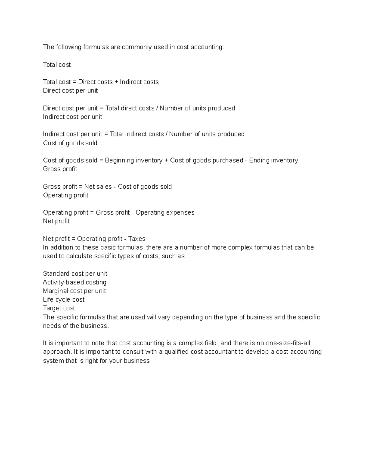 Cost accounting 6 - Cost acct - The following formulas are commonly ...