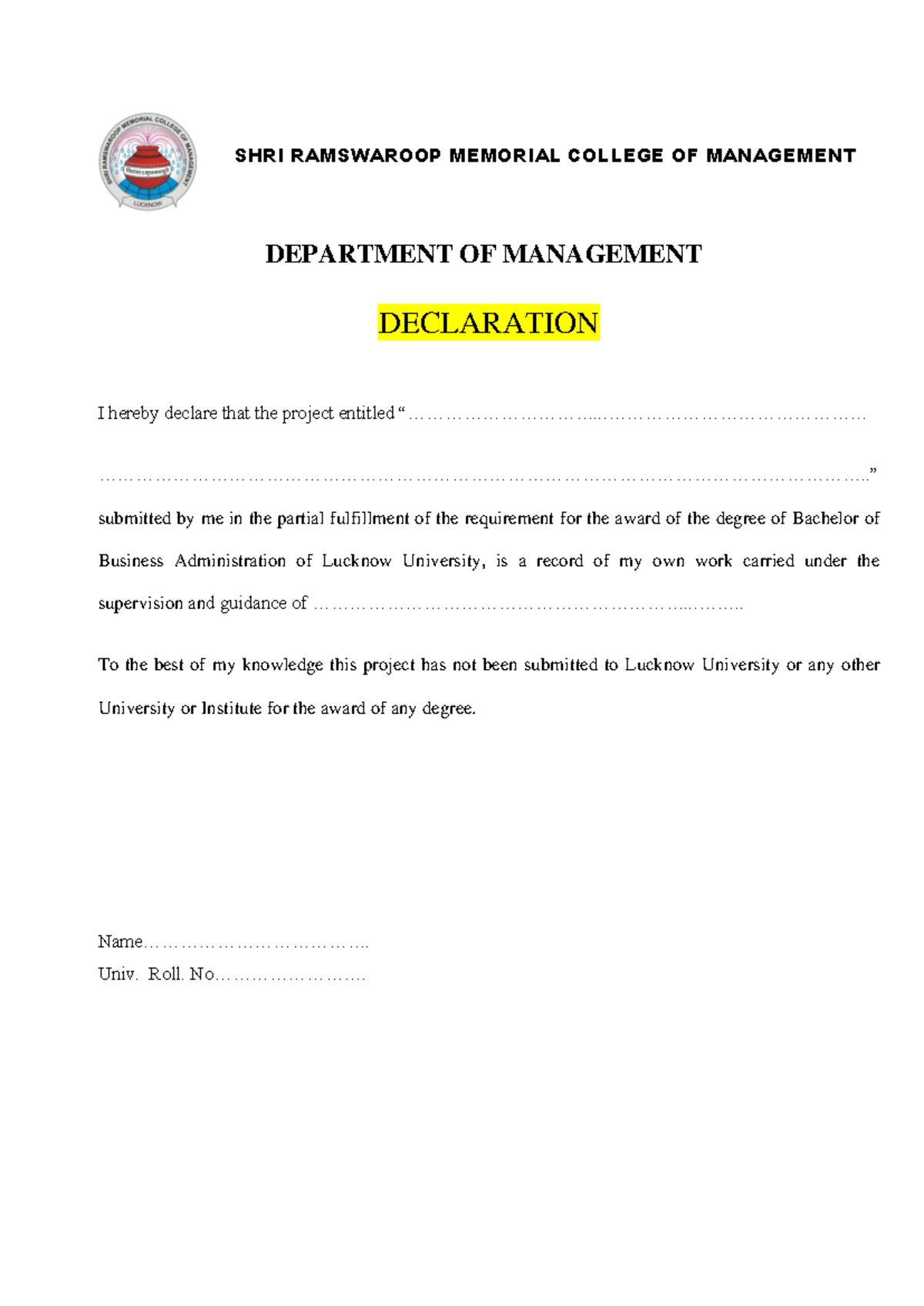 Certificate & declaration - DEPARTMENT OF MANAGEMENT DECLARATION I ...