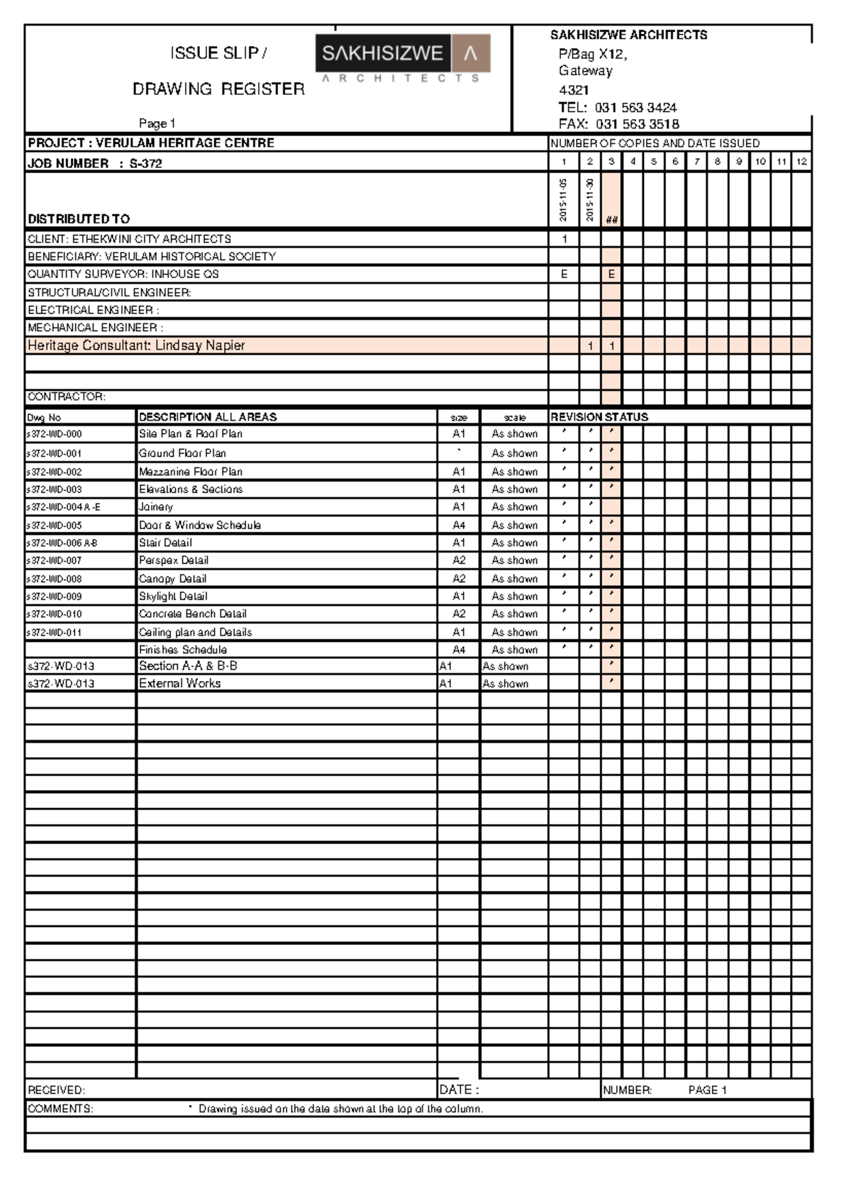 Verulam Heritage Ctr 2016-02-11 DWG Register - ISSUE SLIP / DRAWING ...