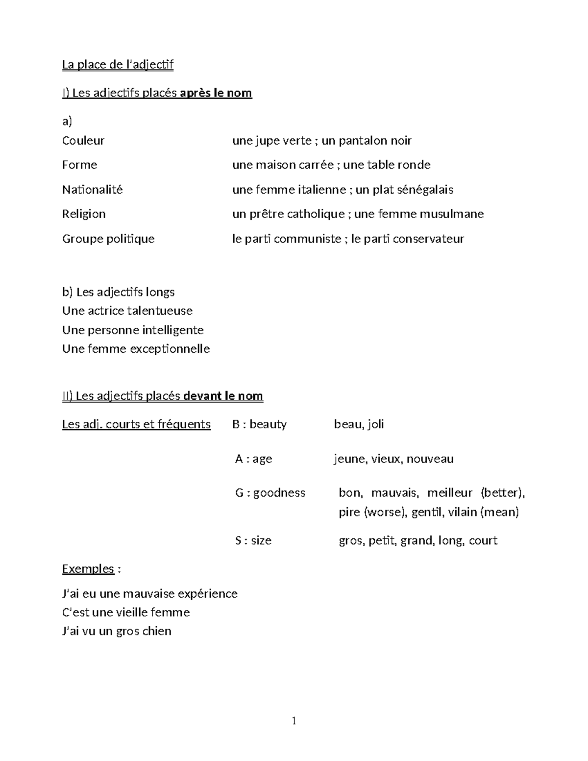 La place de l'adjectif qualificatif - La place de l’adjectif I) Les ...