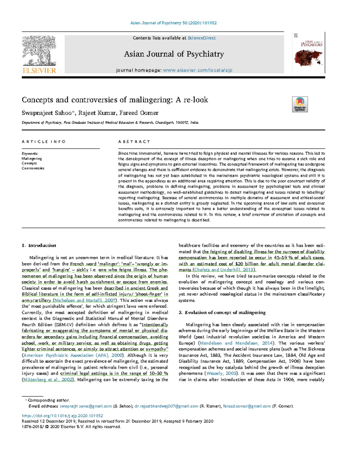 Concepts and controversies of malingering A re-look - Contents lists ...