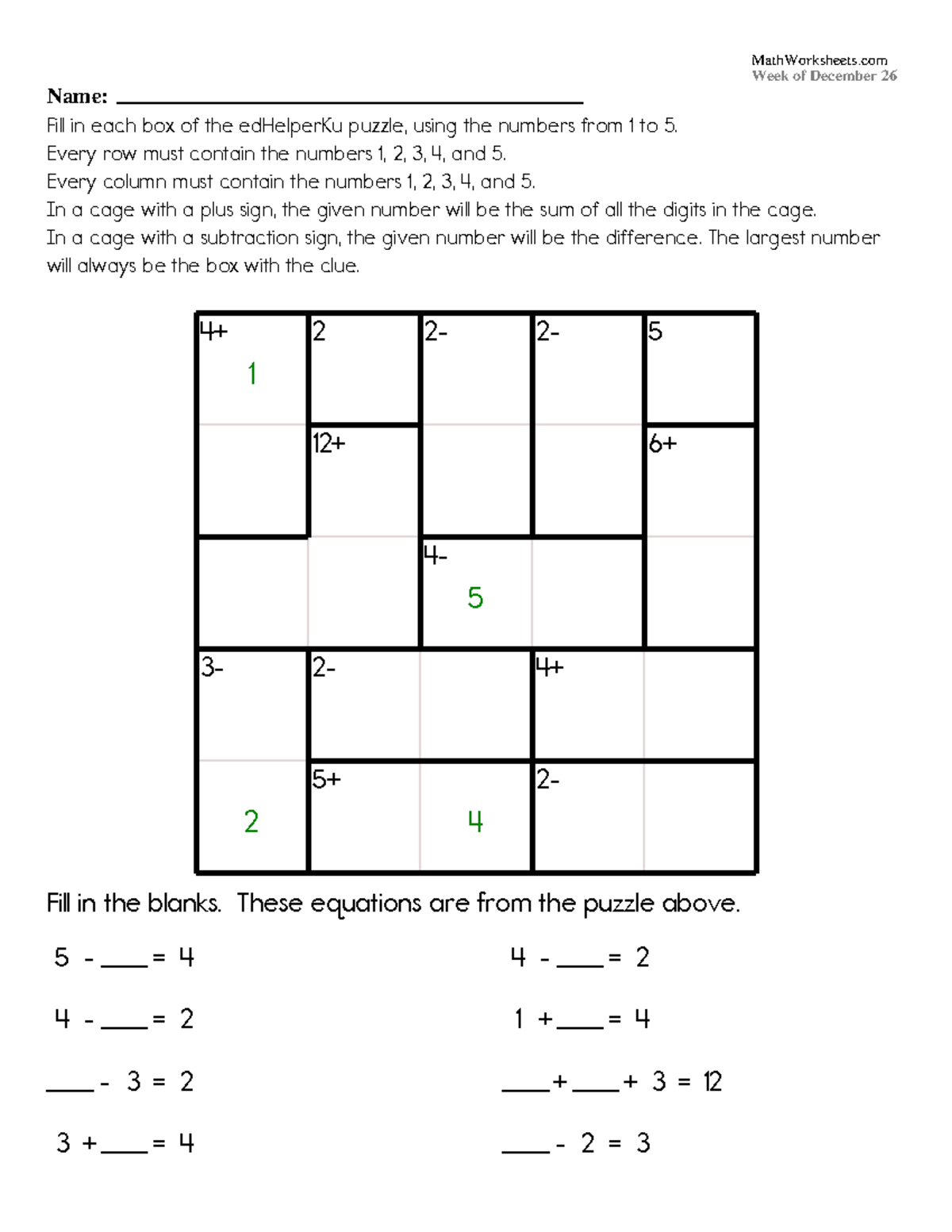 Math Worksheets Grade 5 12 26 - Name: Week of December 26 - Studocu