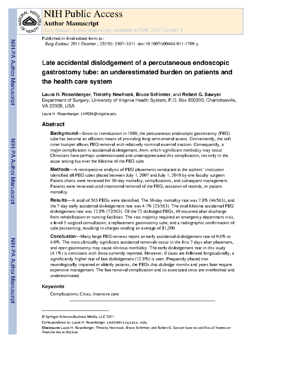 Late accidental dislodgement of a percutaneous endoscopic gastrostomy ...