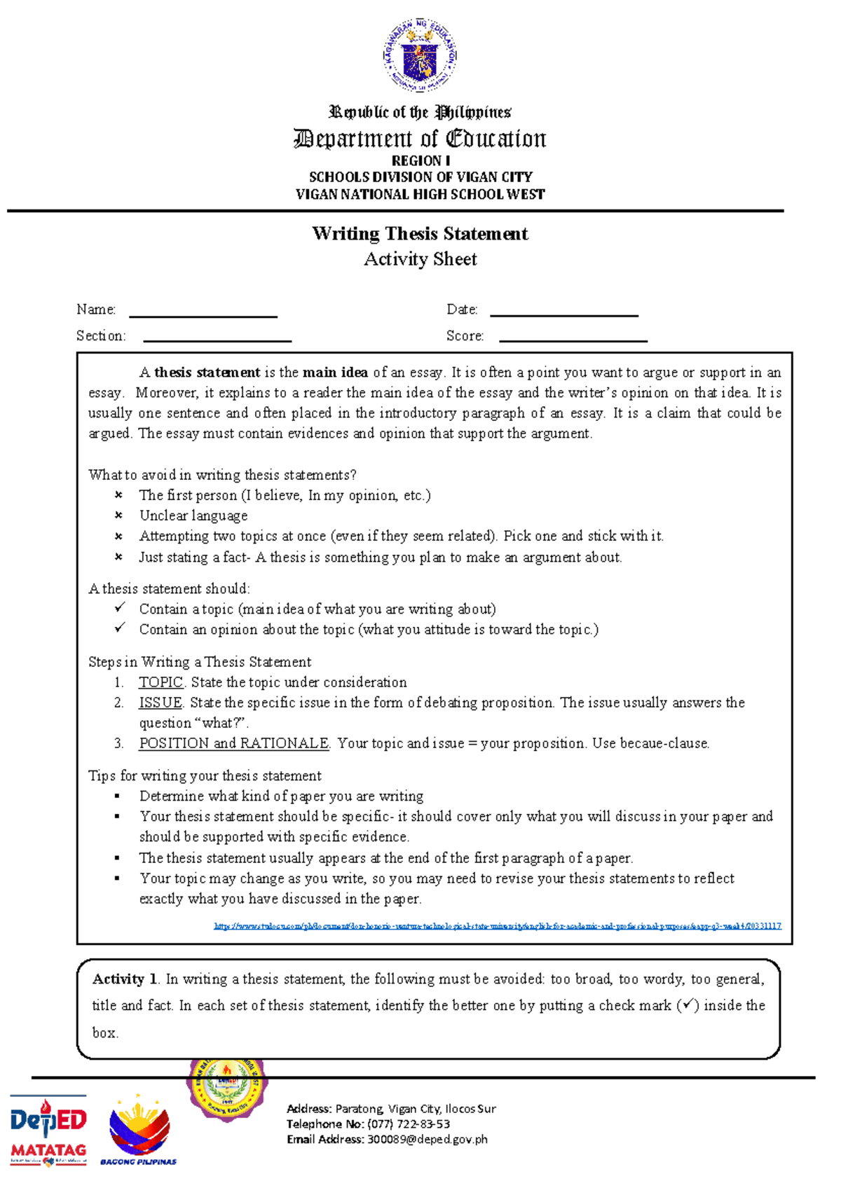 EAPP Activity Sheet 1 - Republic of the Philippines Department of ...