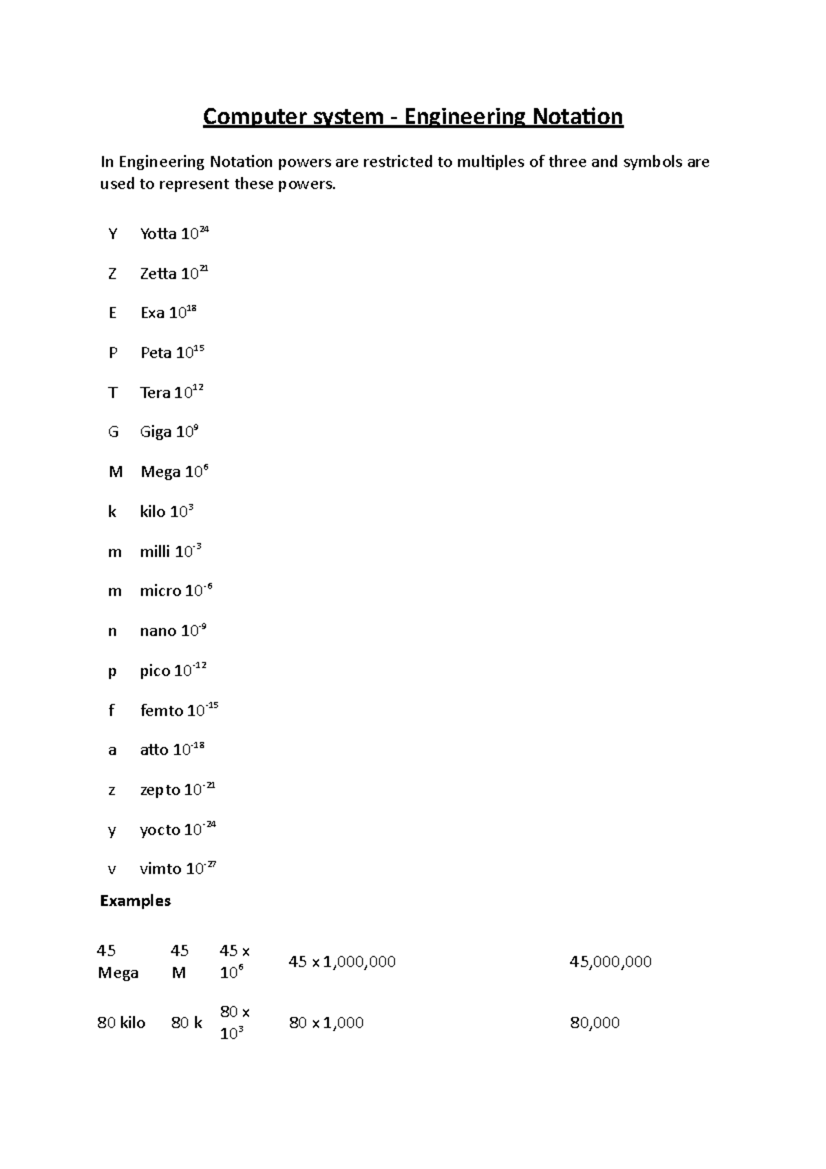 Computer system - Engineering Notation - Y Yotta 10 24 Z Zetta 10 21 E Exa 10 18 P Peta 10 15 T ...