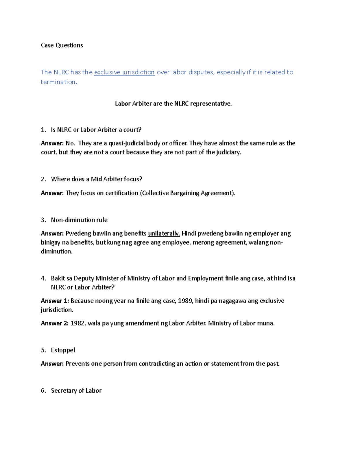 Case-Questions - case - Case Questions The NLRC has the exclusive ...