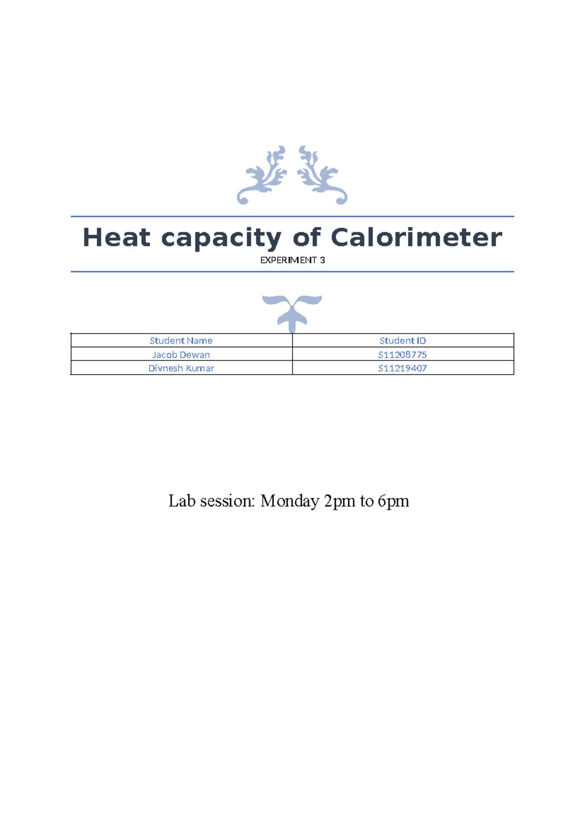 Calorimeter exp - Lab report - Heat capacity of Calorimeter EXPERIMENT ...