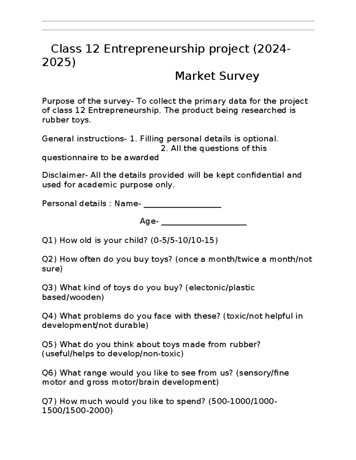 ETP Questionnaire - Class 12 Entrepreneurship project (2024- 2025 ...