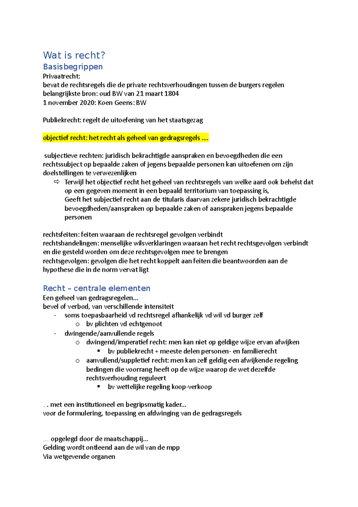 Basisbegrippen h1 - Wat is recht? Basisbegrippen Privaatrecht: bevat de ...