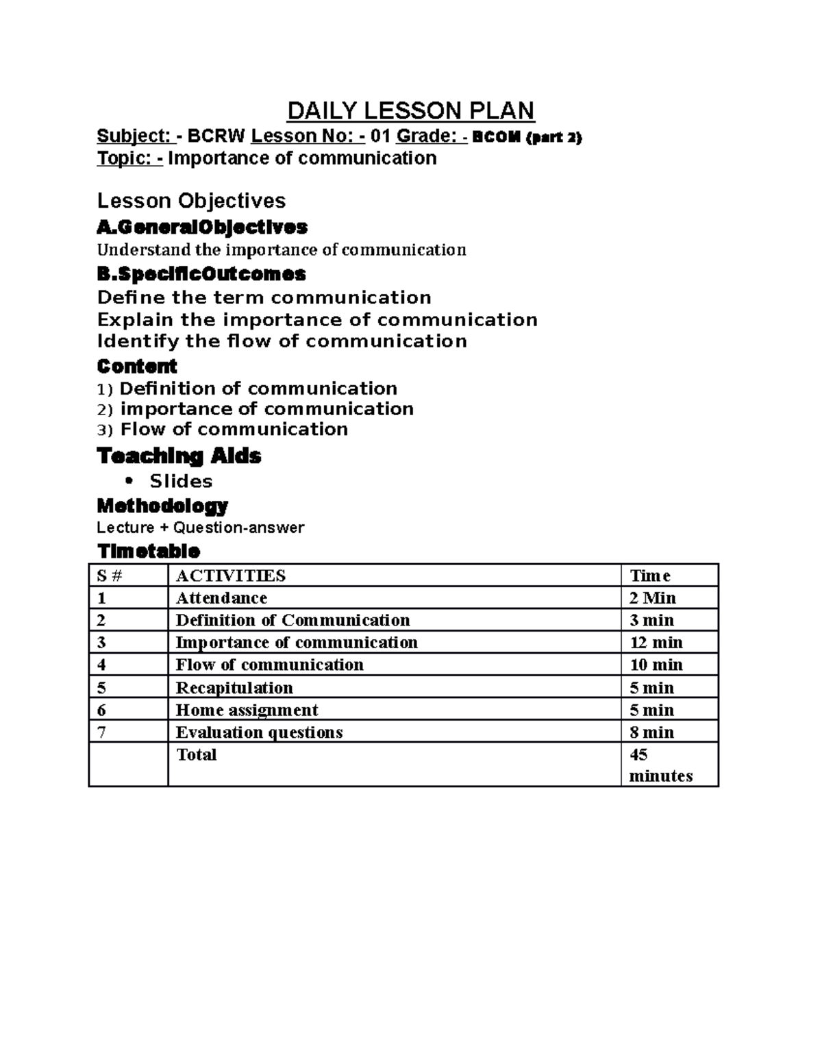 Lesson plan for guidance of business education - DAILY LESSON PLAN ...