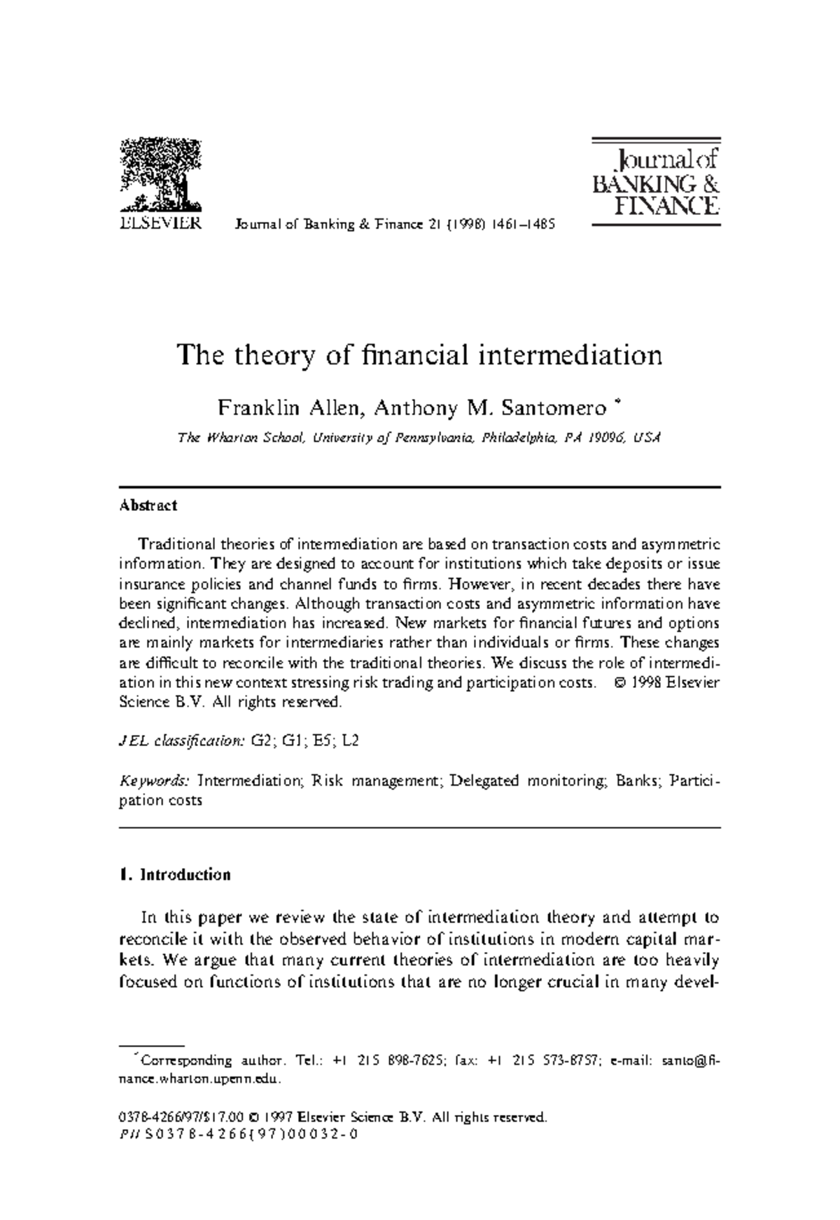 Allen and Santomero 1998 - The theory of Ænancial intermediation ...