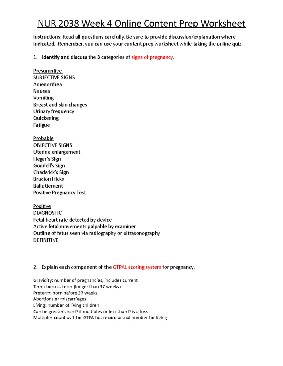 NUR 2038 Week 4 Online Classroom Content Prep Worksheet Online ...
