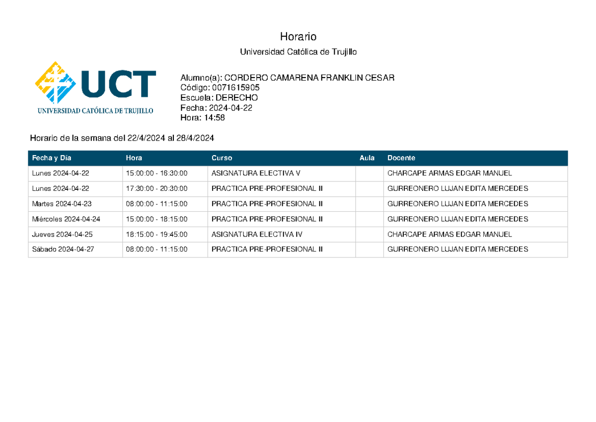 Horario UCT 007161590522 4 2024-28 4 2024 - Horario Universidad ...