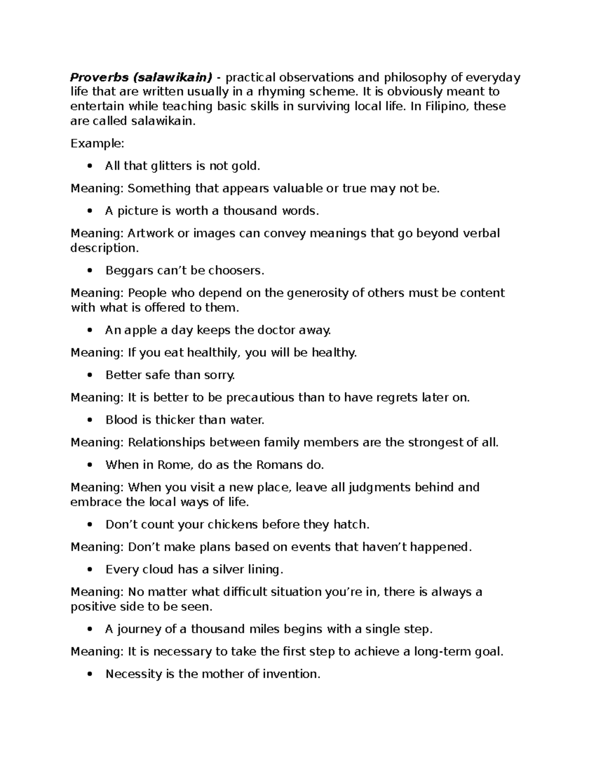 Proverbs AND ITS Meaning - Proverbs (salawikain) - practical ...