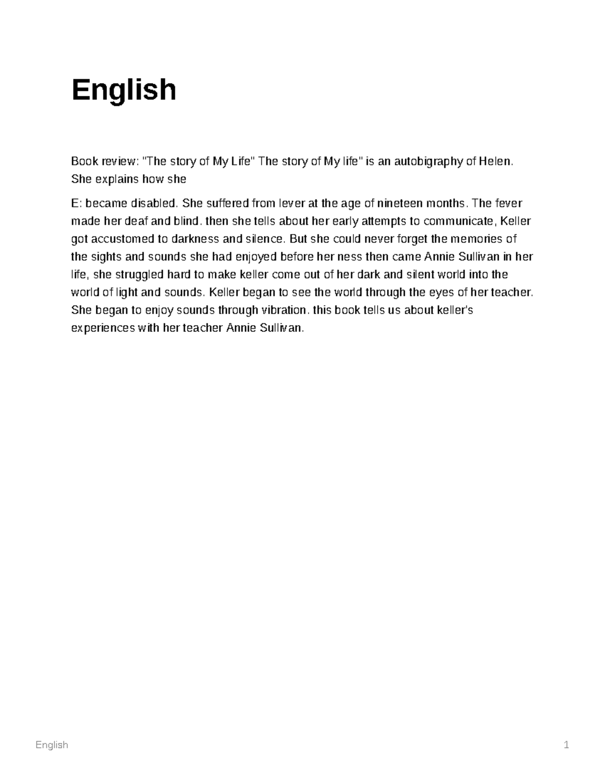 English It Is A Book Review Of story About My Life By Helen Keller
