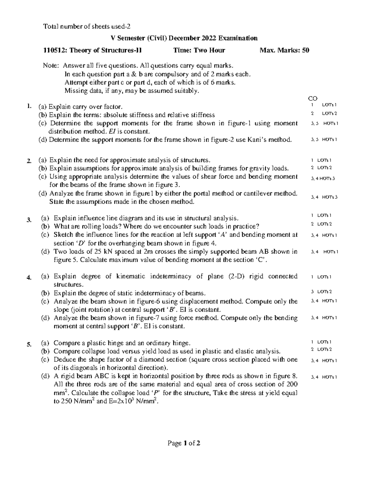 110512 Theory of structures-II end semester examination December -22 ...