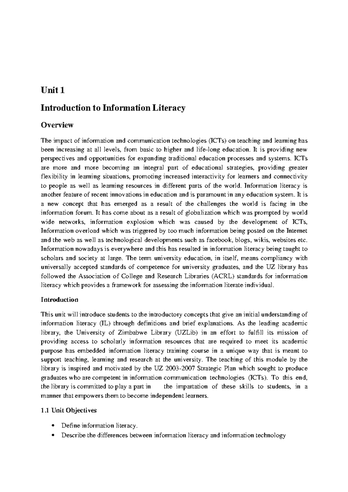 Unit 1 Introduction to Information Liter - Unit 1 Introduction to ...