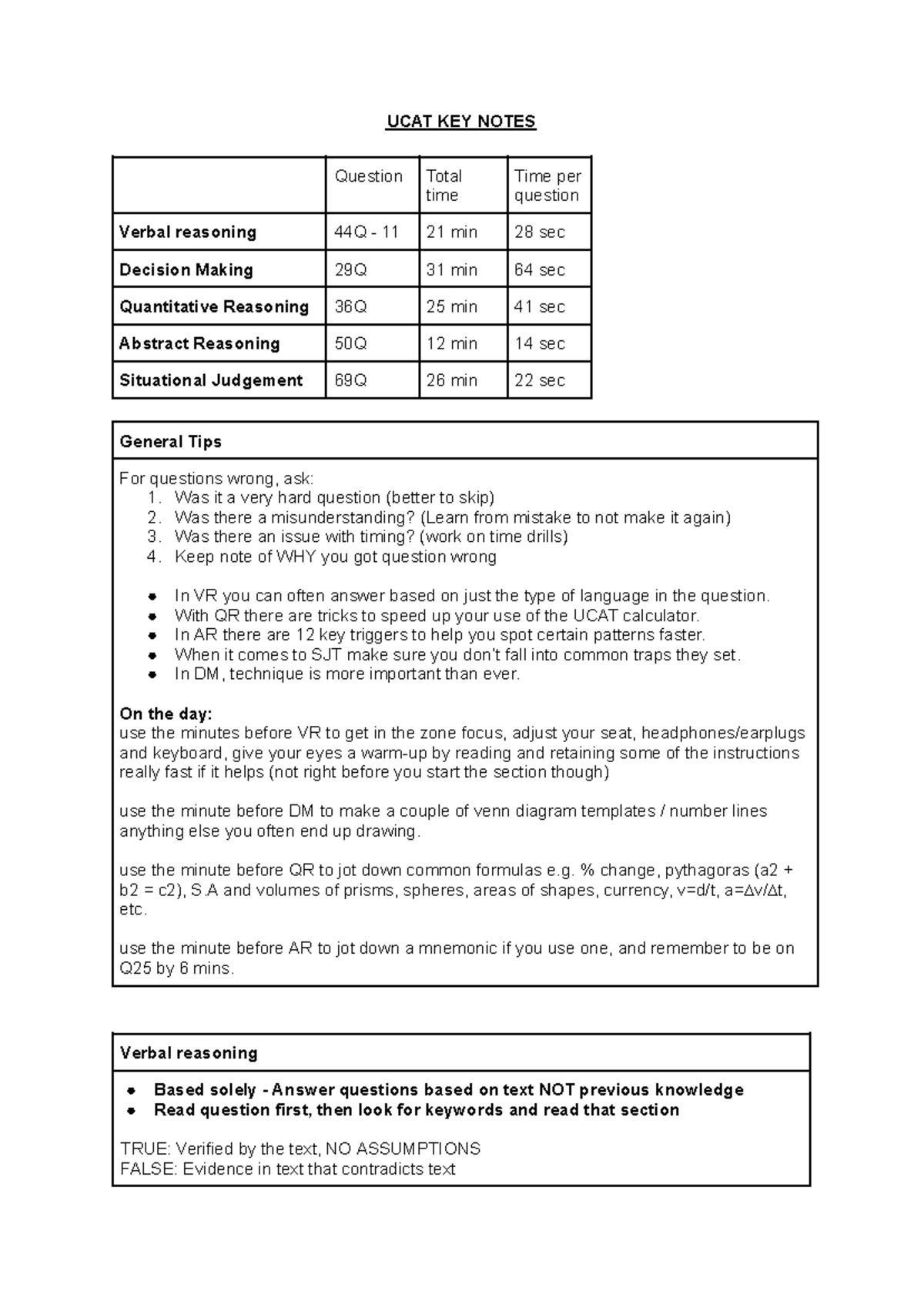 UCAT KEY Notes - UCAT KEY NOTES Question Total time Time per question ...