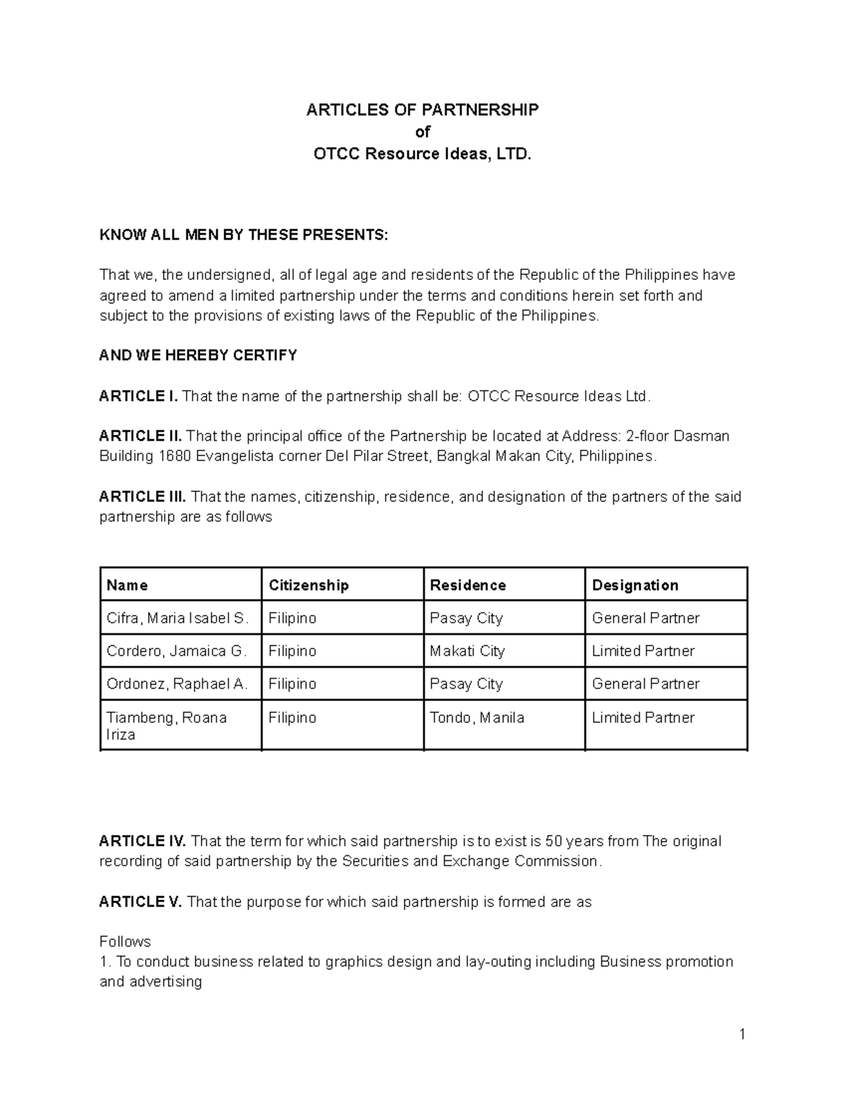 Articles of Partnership Prototype - ARTICLES OF PARTNERSHIP of OTCC ...