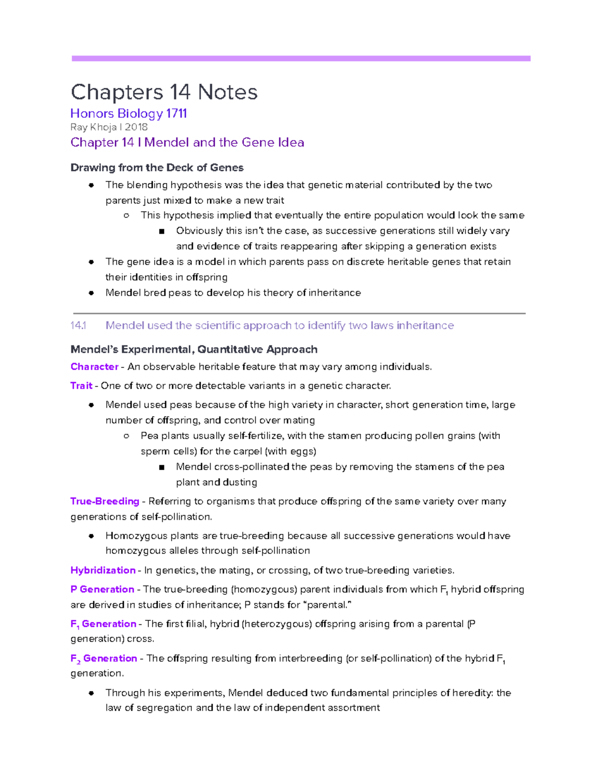 Chapter 14 - Mendel and the Gene Idea - Chapters 14 Notes Honors ...