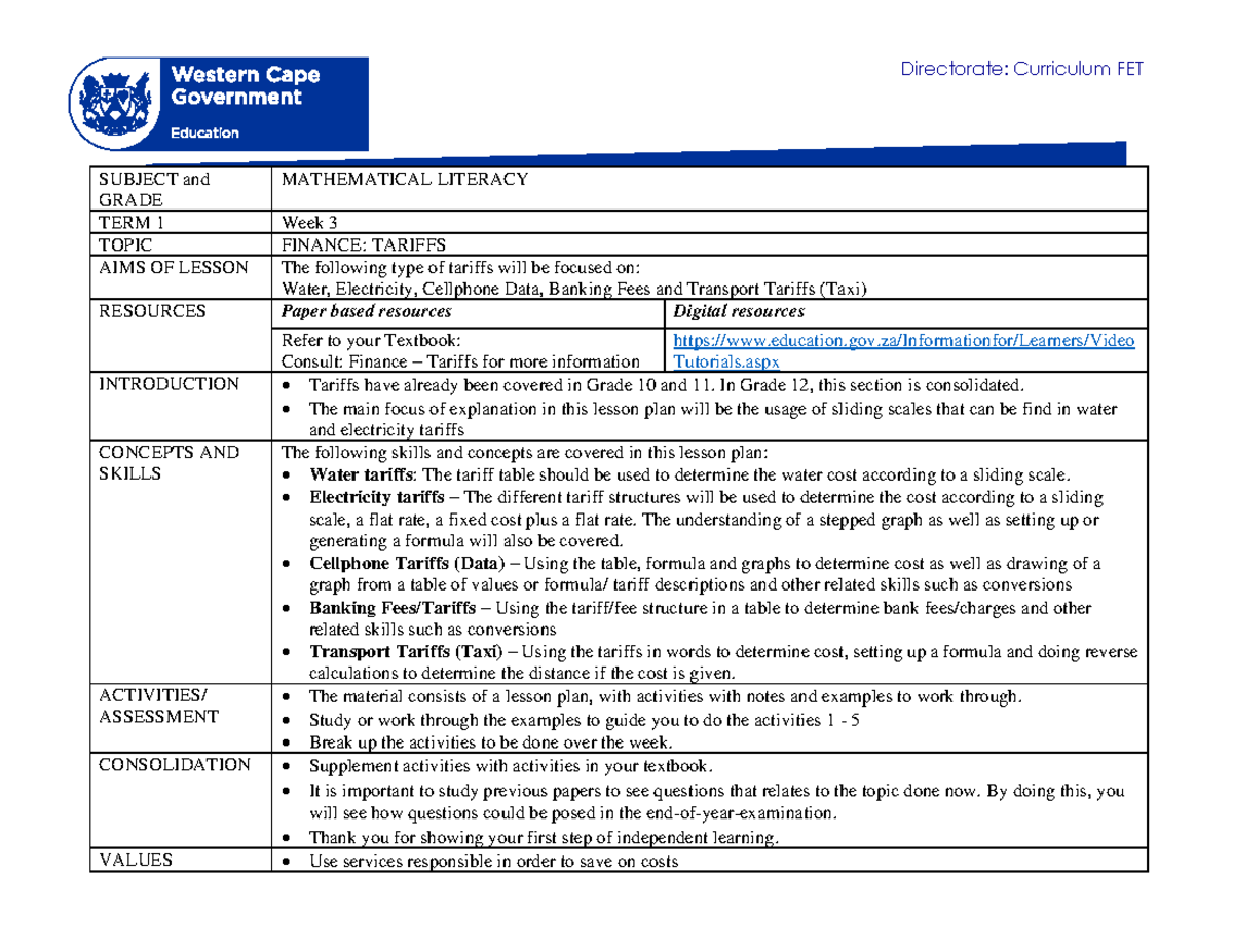 Mathematical Literacy Grade 12 Term 1 Week 3 2021 Directorate
