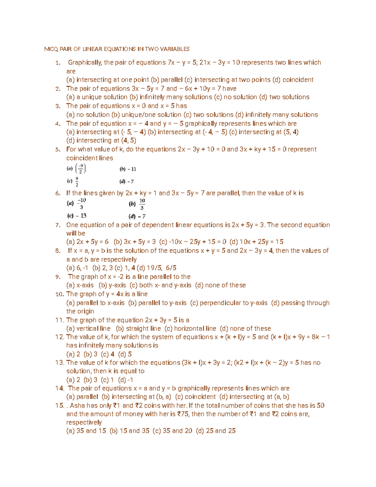 MCQ PAIR OF Linear Equations IN TWO Variables P - MCQ PAIR OF LINEAR ...
