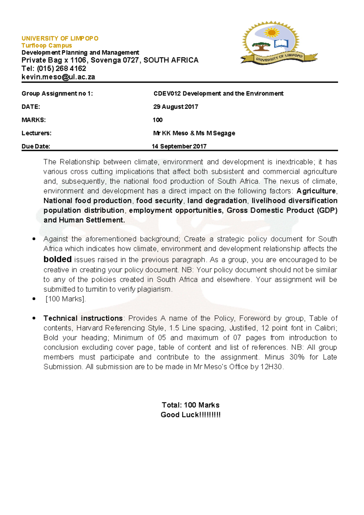 Cdev012 Group Assignment 1 University Of Limpopo Turfloop Campus Development Planning And