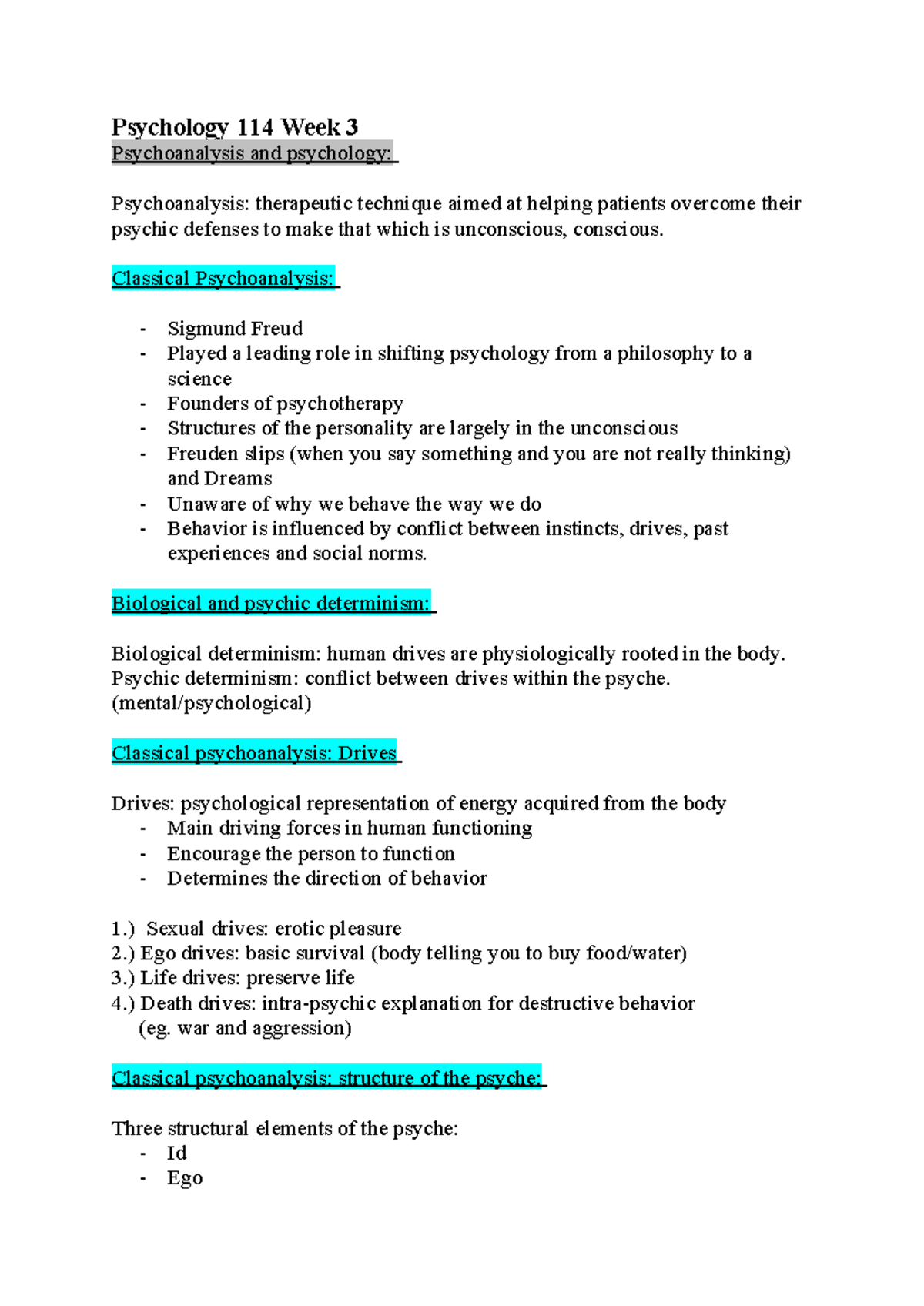 Psychology 114 Week 3 - Psychology 114 Week 3 Psychoanalysis and ...