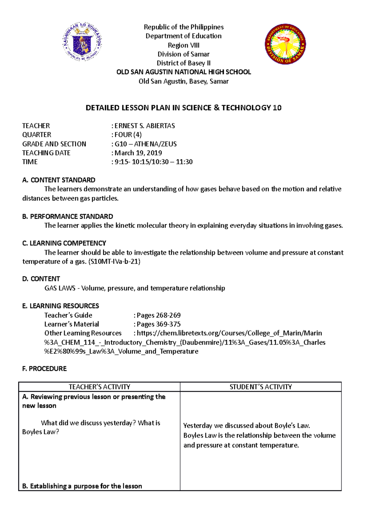 Detailed Lesson Plan Charles' Law - Republic of the Philippines ...