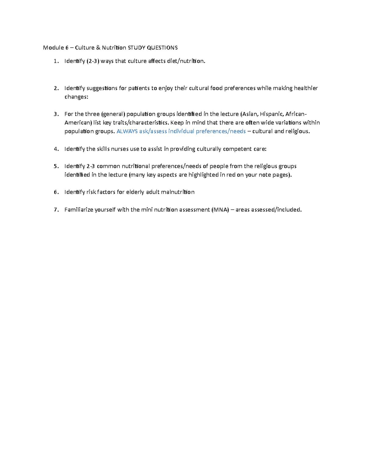 Module 6 study questions 211 - Module 6 – Culture & Nutrition STUDY ...