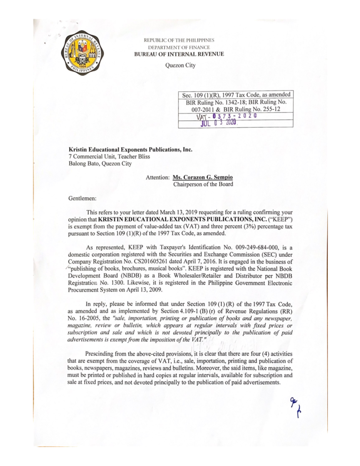 6.1-Keep-Tax-Exemption - OF INTERNAL REPUBLIC OF THE PHILIPPINES ...