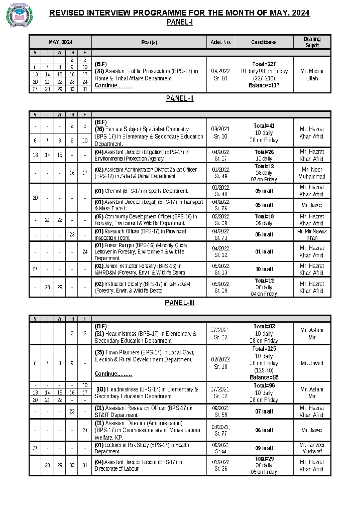 126-MAY 2024 - REVISED INTERVIEW PROGRAMME FOR THE MONTH OF MAY, 2024 ...