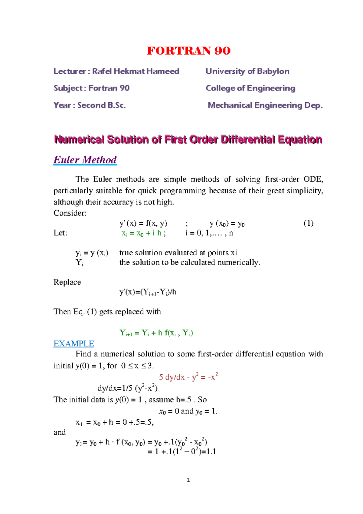 Fortran 90 - ϭ FORTRAN 90 LLeeccttuurreerr :: RRaaffeell HHeekkmmaatt HHaammeeeedd - Studocu