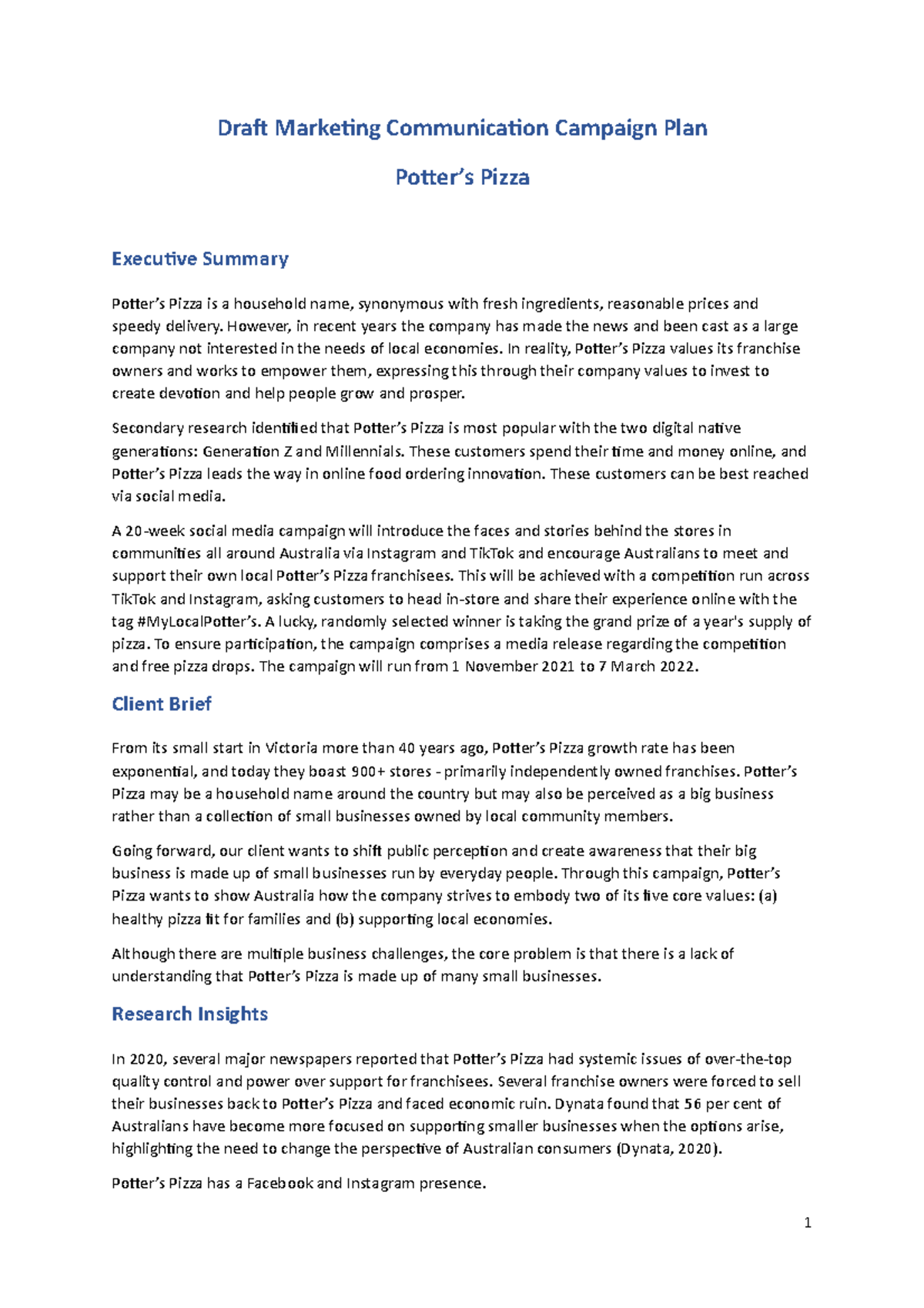 AMB299 Assessment 1 Draft marketing communication plan Semester 1 2022 ...