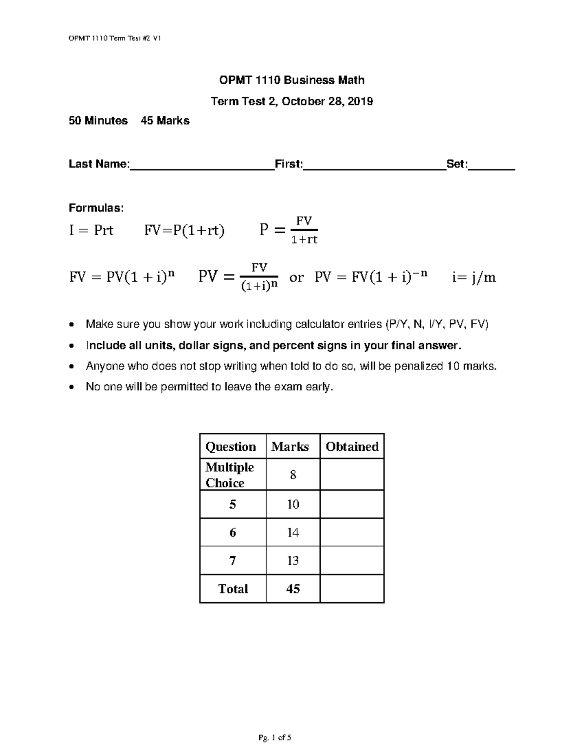 Test 2 FMGT OPMT-1110-0 - Business Mathematics - OPMT 1110 Business ...