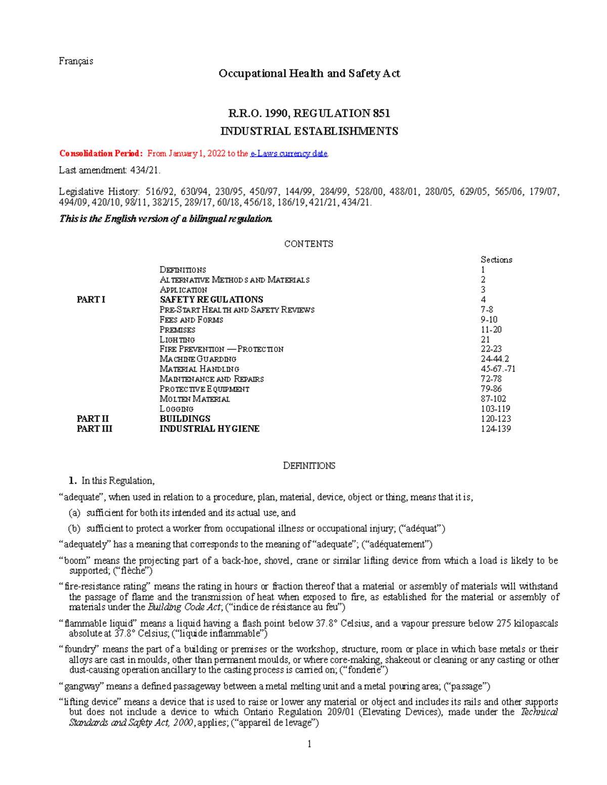 Français Occupational Health and Safety Act R.R.O. 1990 REGULATION 851 ...