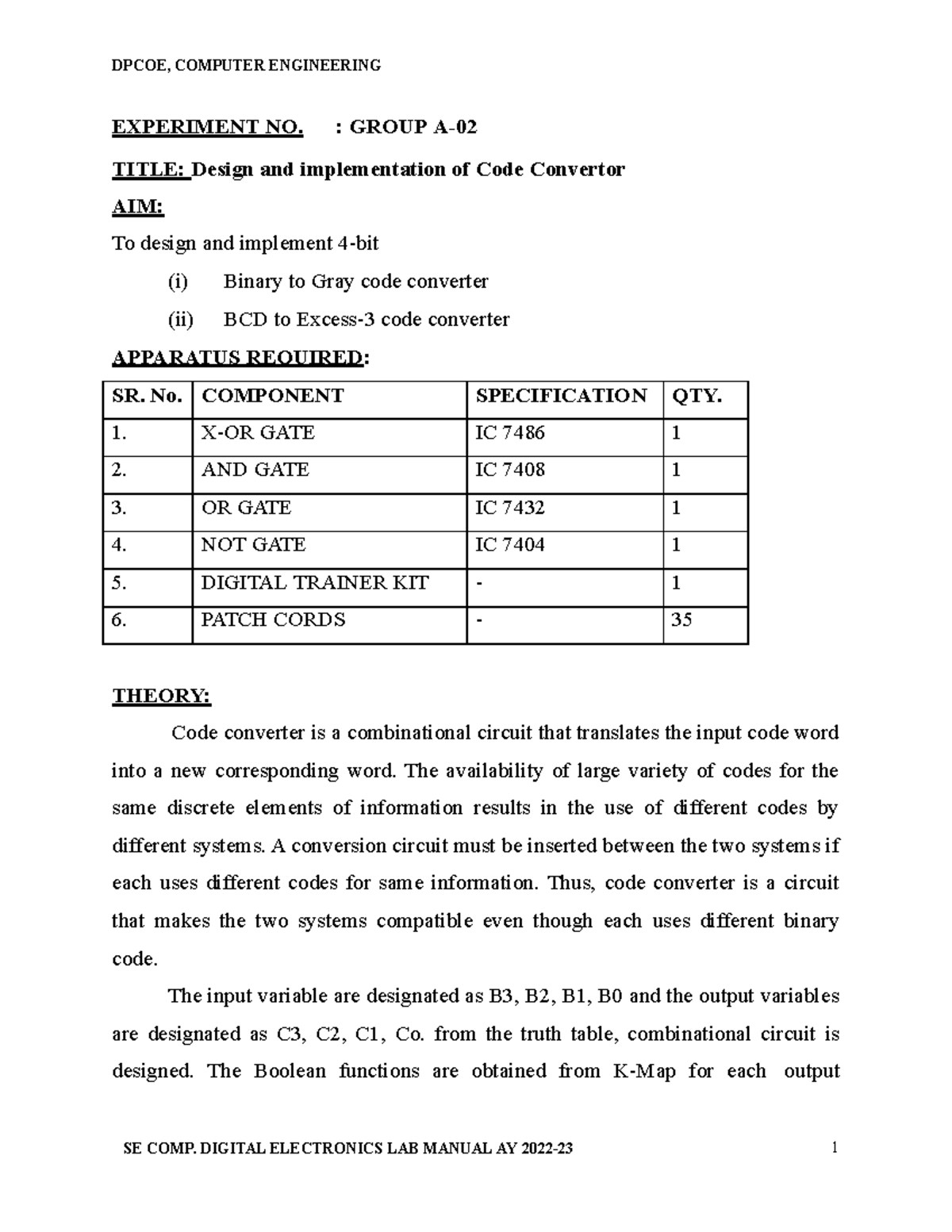 Code converter - Lecture notes - DPCOE, COMPUTER ENGINEERING EXPERIMENT ...