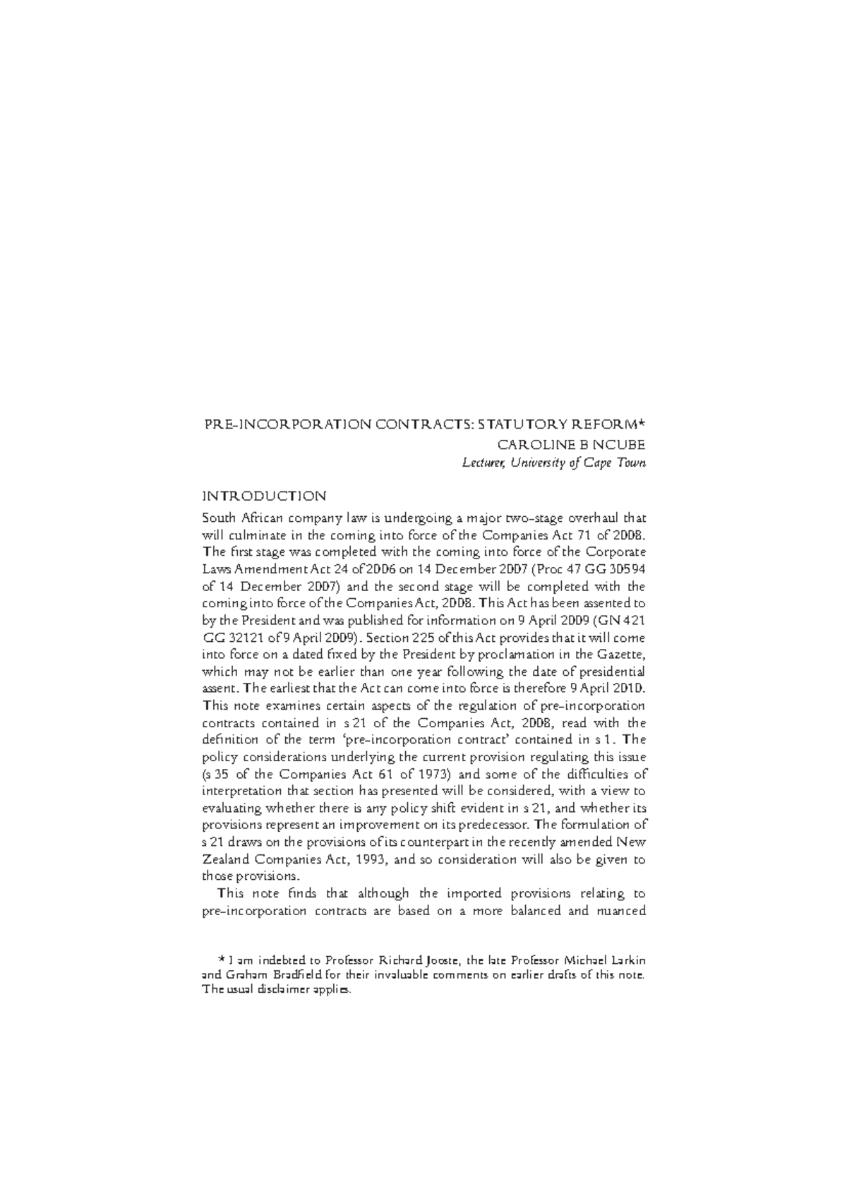 Ncube Pre-incorporation contractsju salj v126 n2 a4 - PRE-INCORPORATION ...