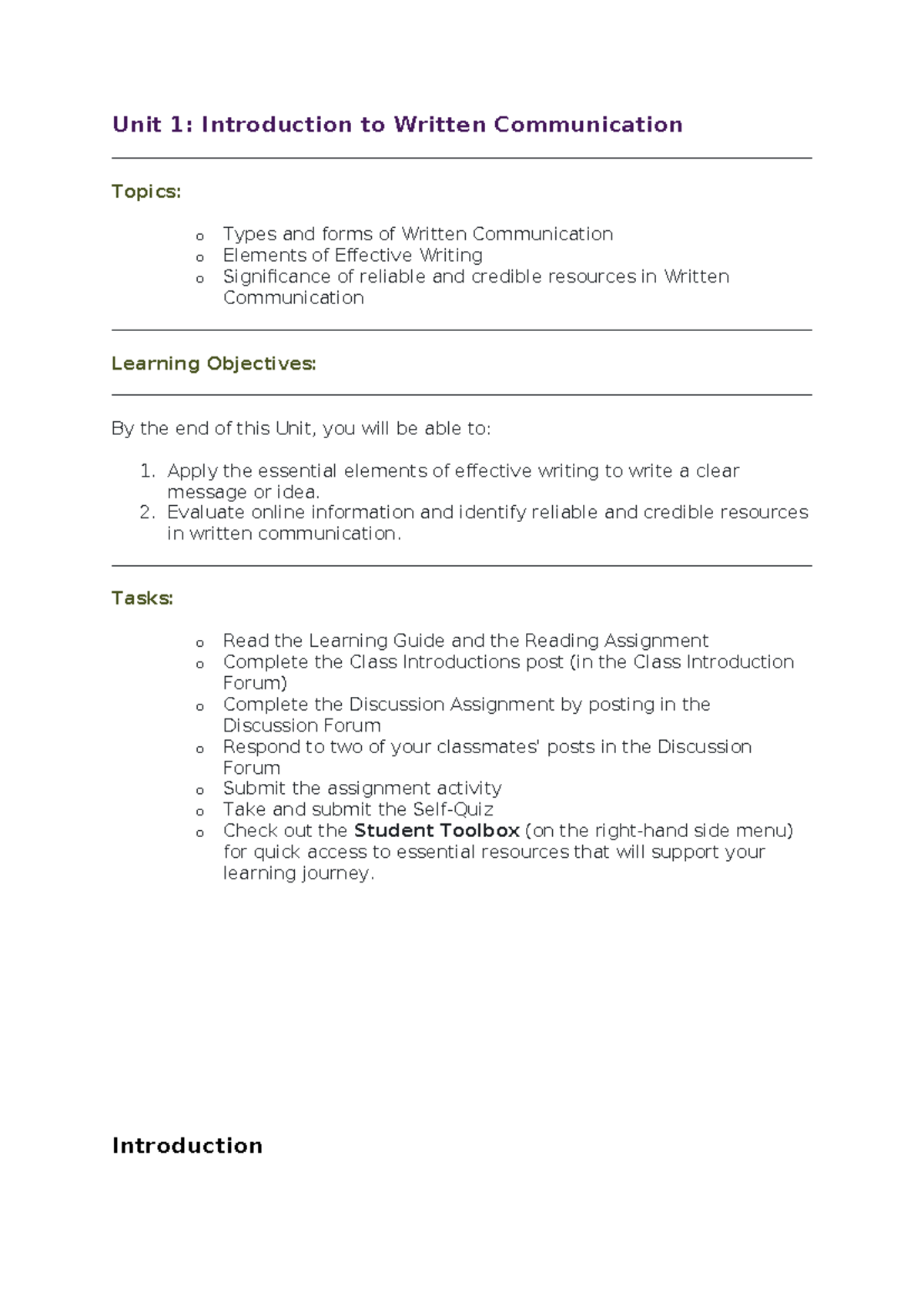 ENGL 1102 Unit 1 Learning Guide - Unit 1: Introduction to Written Communication Topics: o Types ...
