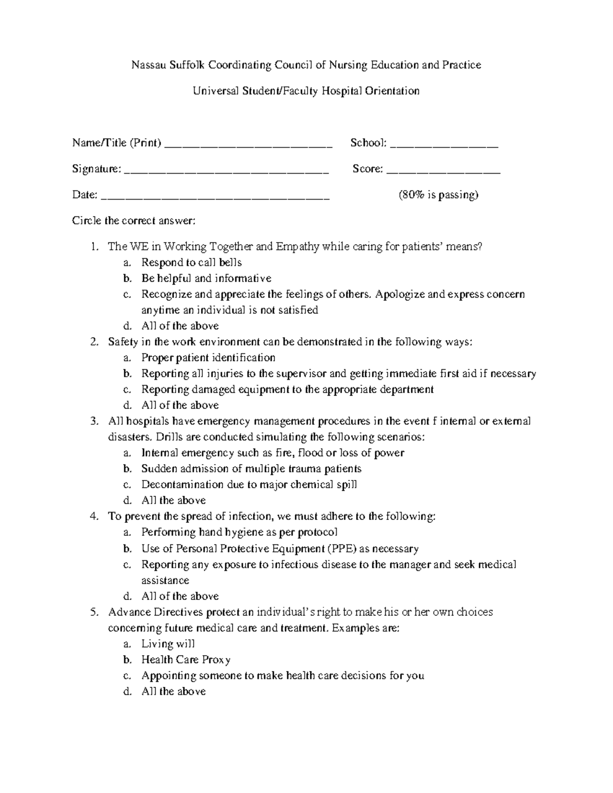 Universal Hospital Orientation Post Test - Nassau Suffolk Coordinating ...