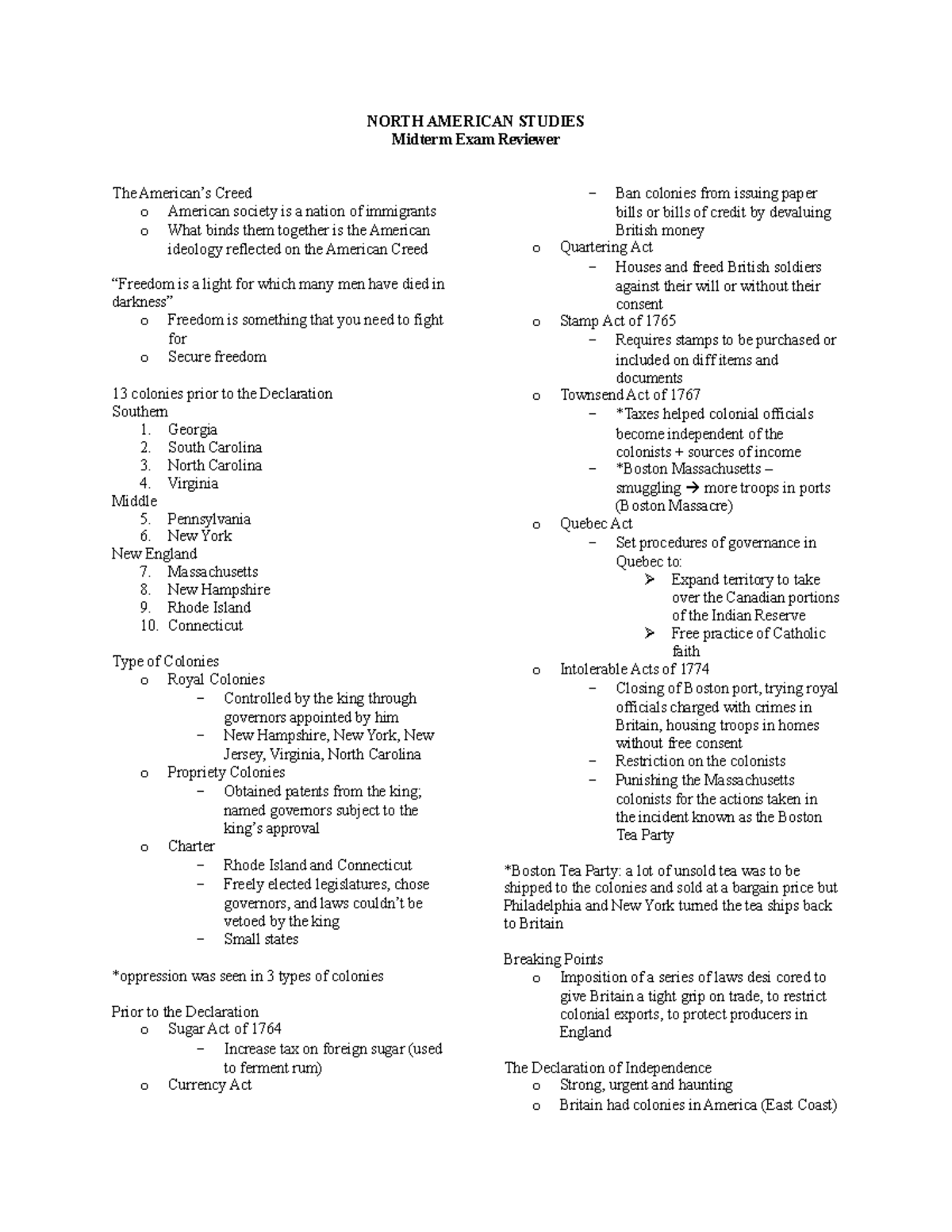 North Am Midterm Exam Reviewer - NORTH AMERICAN STUDIES Midterm Exam ...