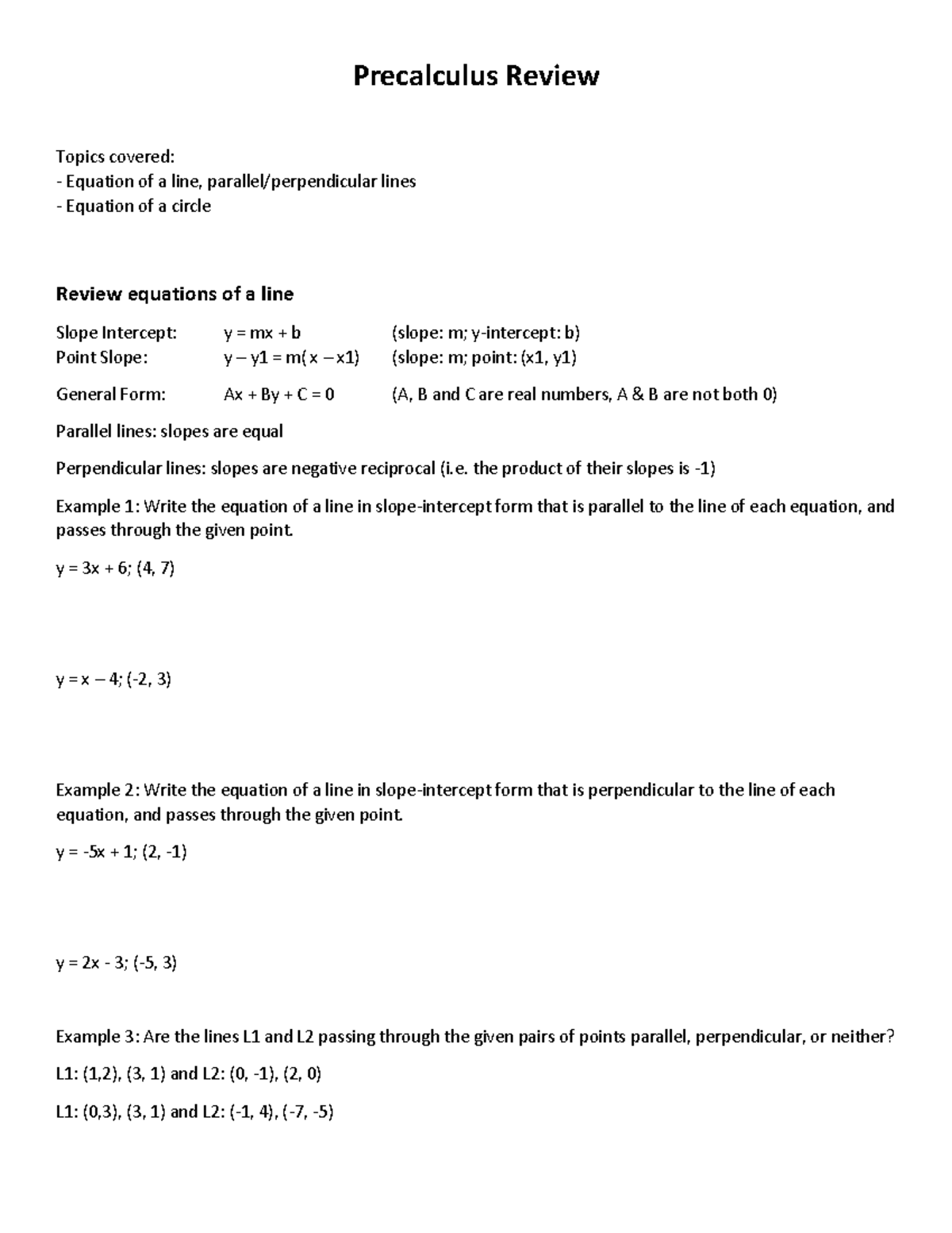 Precalculus review worksheet 2 - Precalculus Review Topics covered: Equation of a line, - Studocu