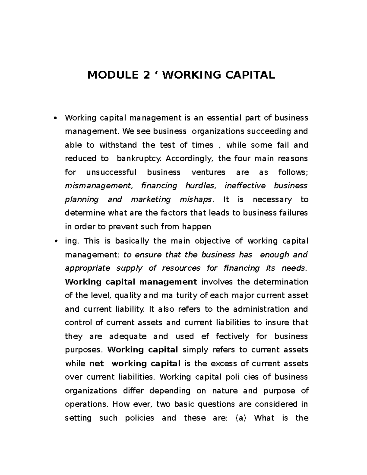 Financial Management Summaries Module 2 - MODULE 2 ‘ WORKING CAPITAL ...