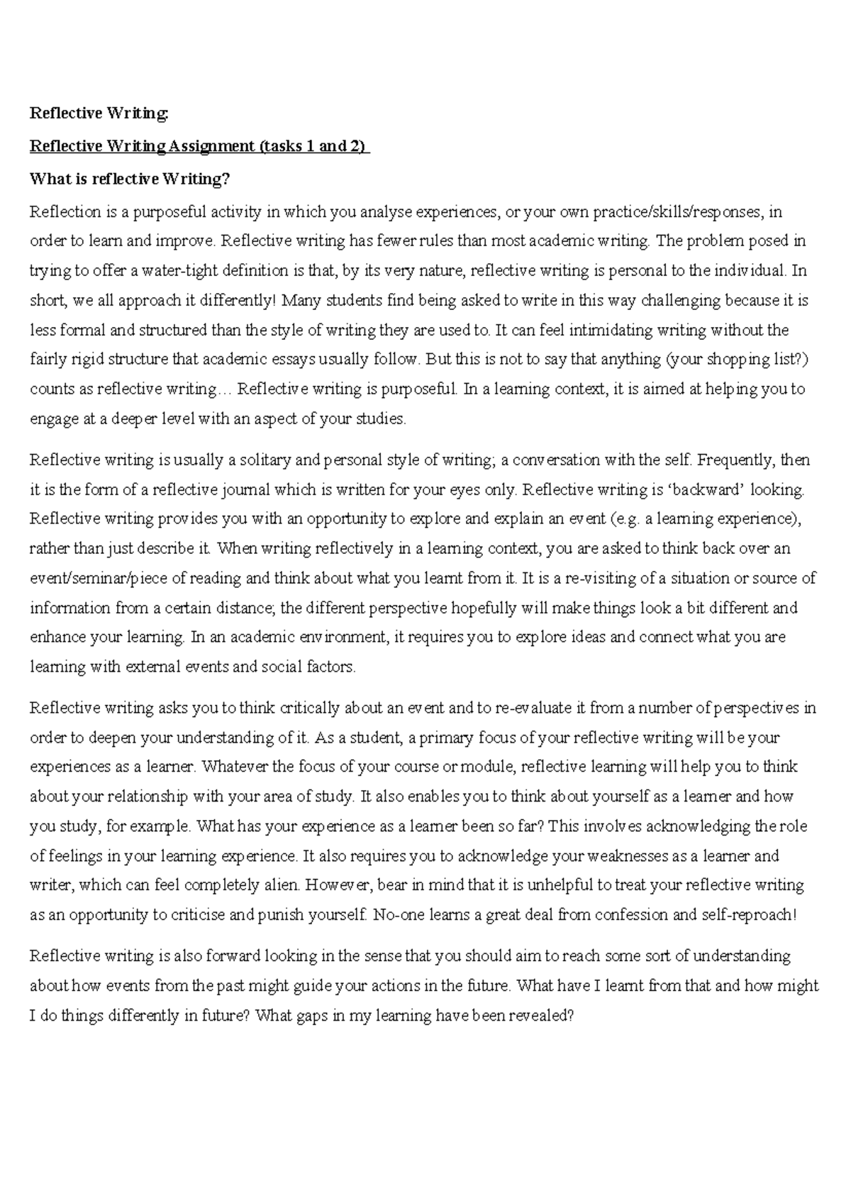 Reflective Writing Task 1 and 2 Semester 2 2024 - Reflective Writing ...