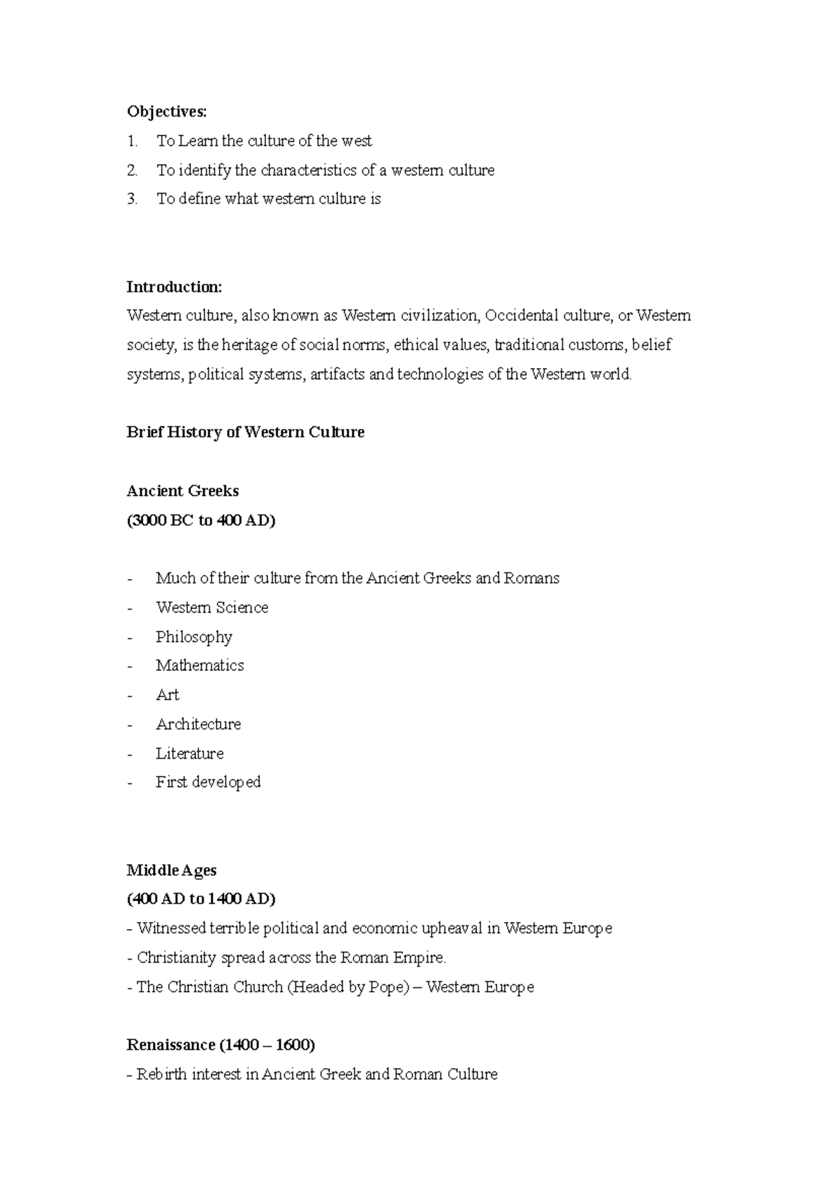 Multicultural - Objectives: To Learn the culture of the west To ...