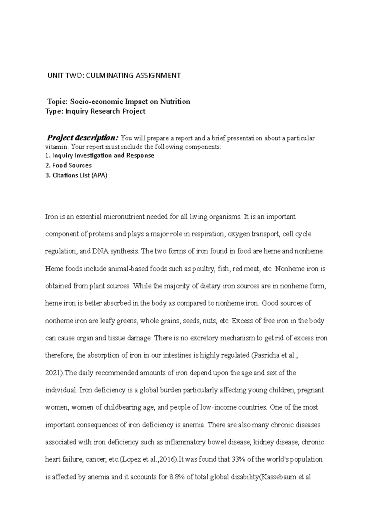 Inquiry, nutrition assignment,UNIT TWO: CULMINATING ASSIGNMENT HFA-4U ...