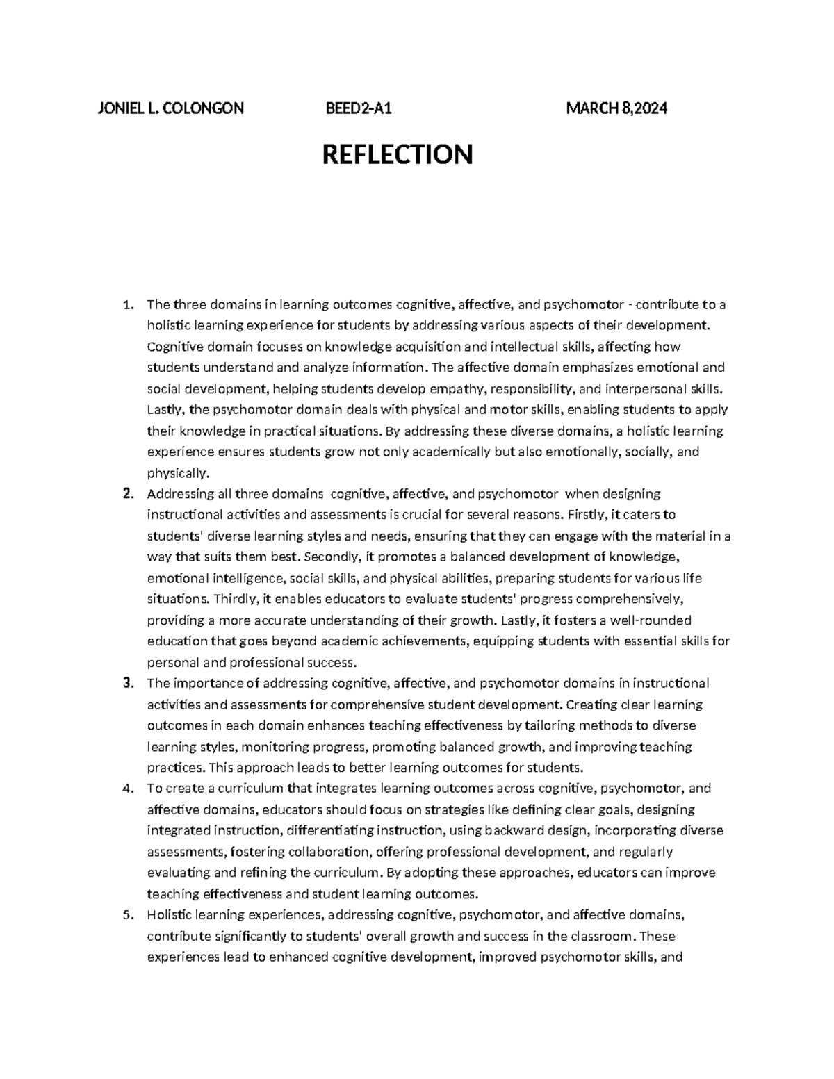 Reflection-1 - nothing - JONIEL L. COLONGON BEED2-A1 MARCH 8 ...