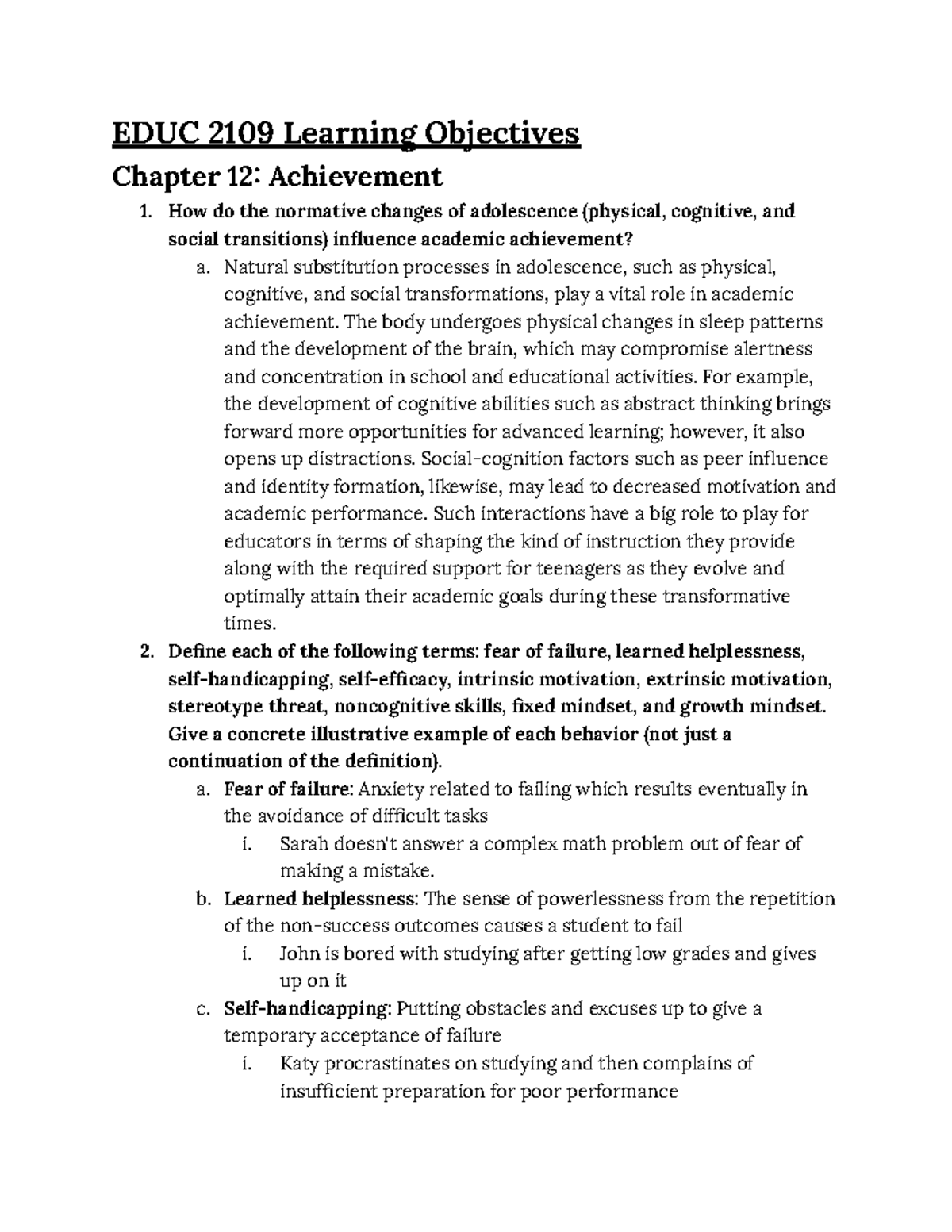 Ch.12 Learning Objectives - Zuri S. - EDUC 2109 Learning Objectives Chapter 12 Achievement How ...