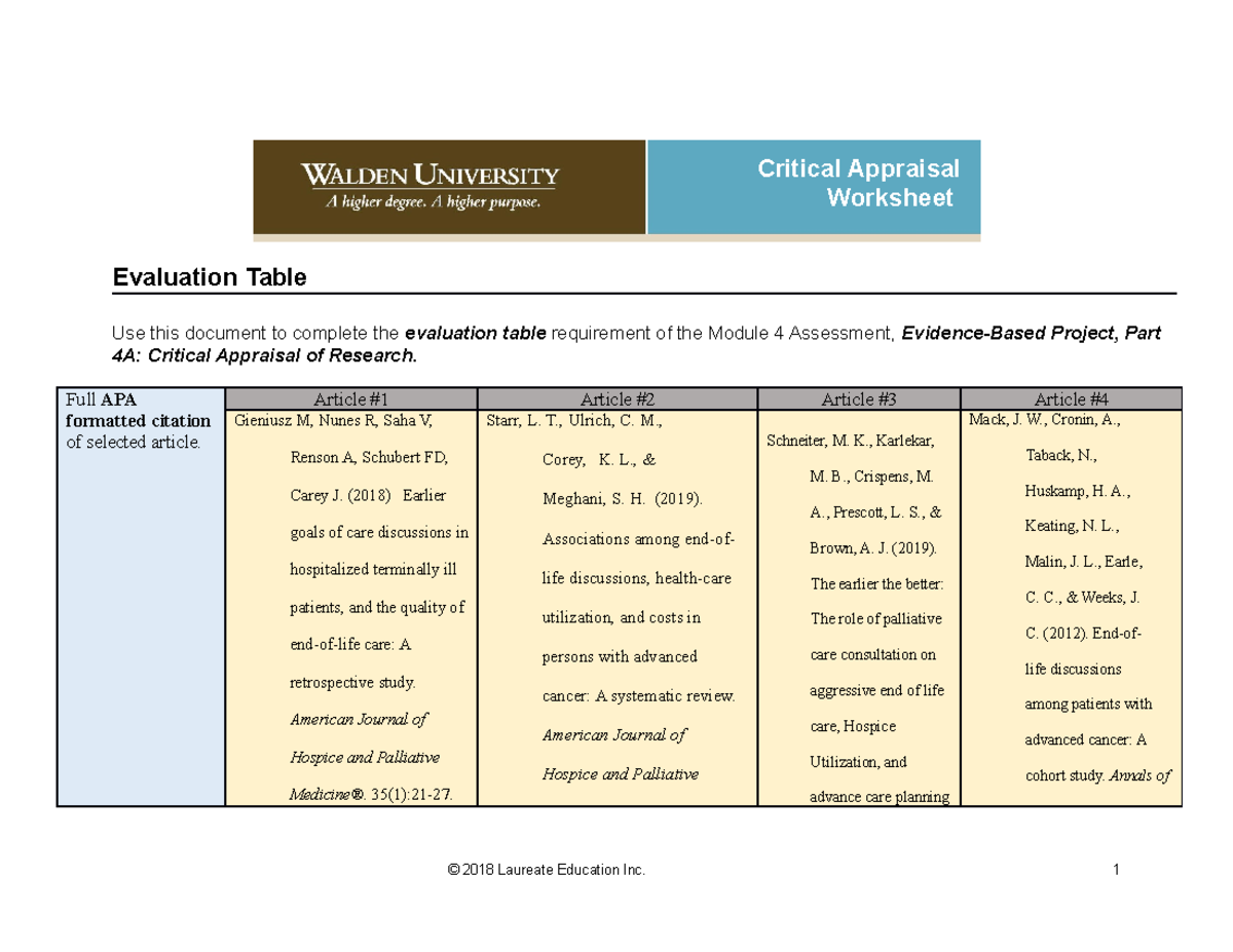 EB004 Appraisal - Evaluation Table Use this document to complete the ...